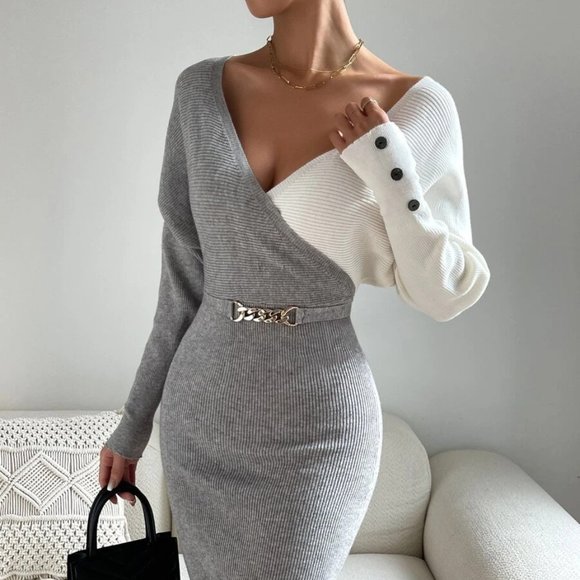 Monarch Fashion | Dresses | White And Gray Ribknit Cut Out Back Sweater ...